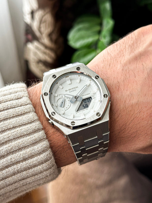 G-SHOCK CasiOak Full Silver - with white watch dial – Weisswatches